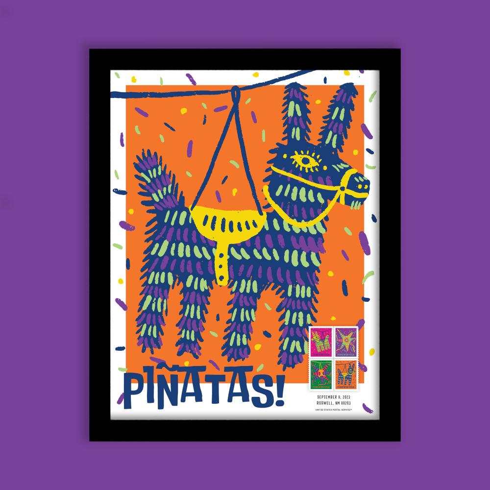 Piñatas! Framed Stamps — Donkey with Orange Background — Stamps Forever