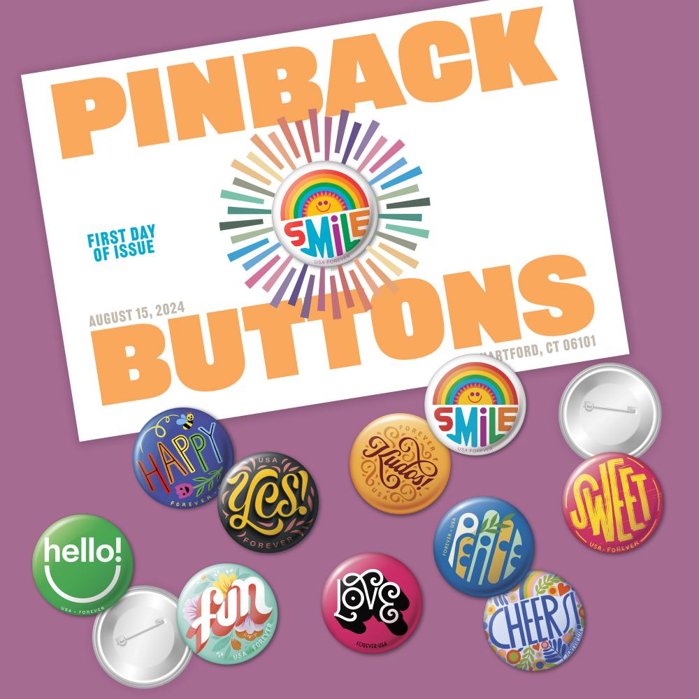 Pinback Buttons with Cancellation Card (set of 10) — Stamps Forever
